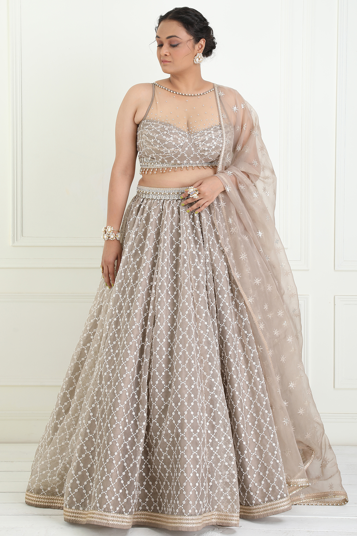 Sand Colored Organza Embroidered Wedding Lehenga Set By Cedar And Pine