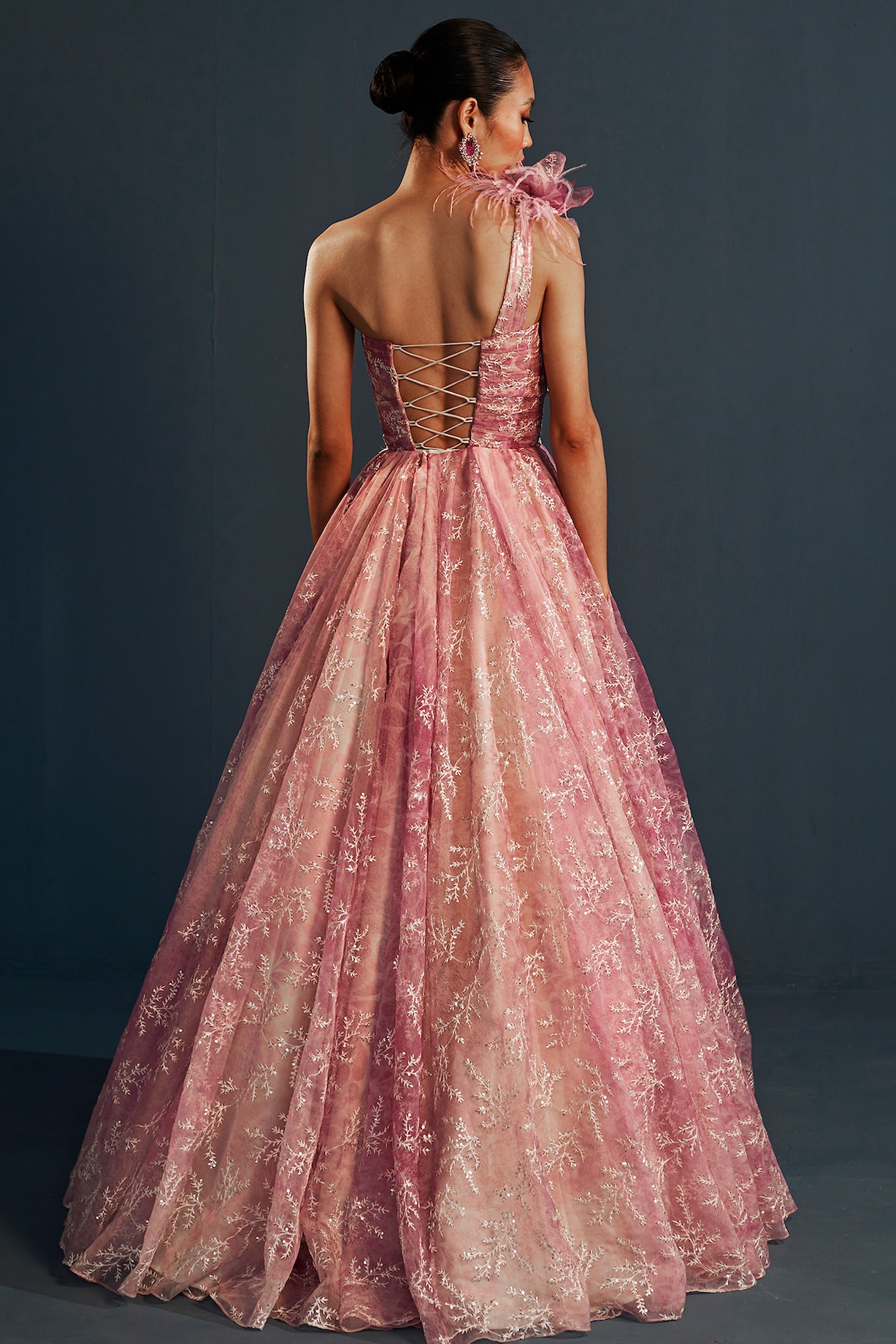 Pink Organza Embroidered One-Shoulder Gown by Cedar and Pine at Pernia ...