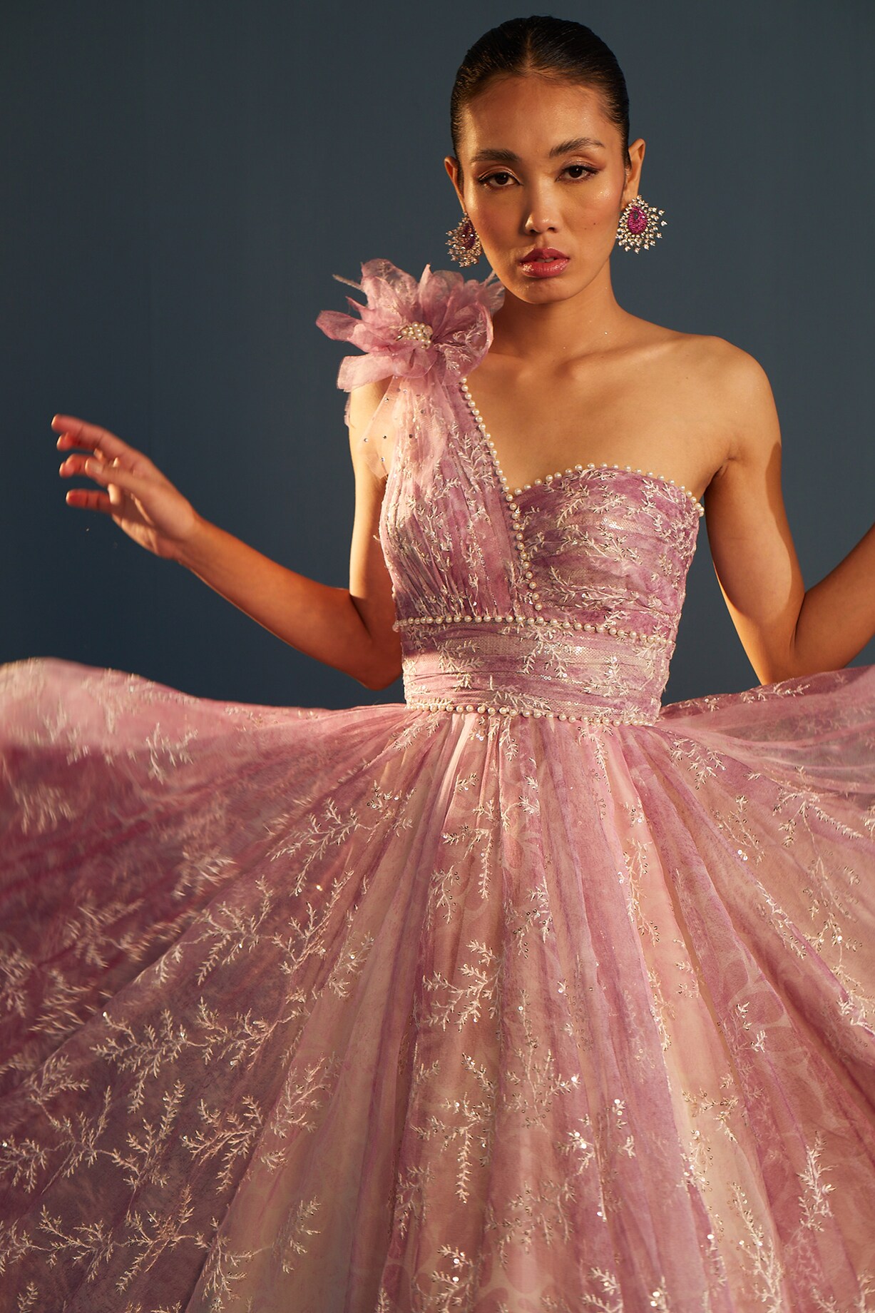 Pink Organza Embroidered One-Shoulder Gown by Cedar and Pine at Pernia ...