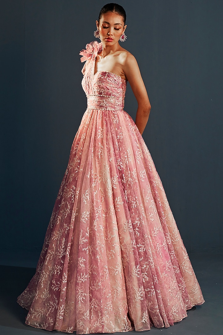 Pink Organza Embroidered One-Shoulder Gown by Cedar and Pine at Pernia ...