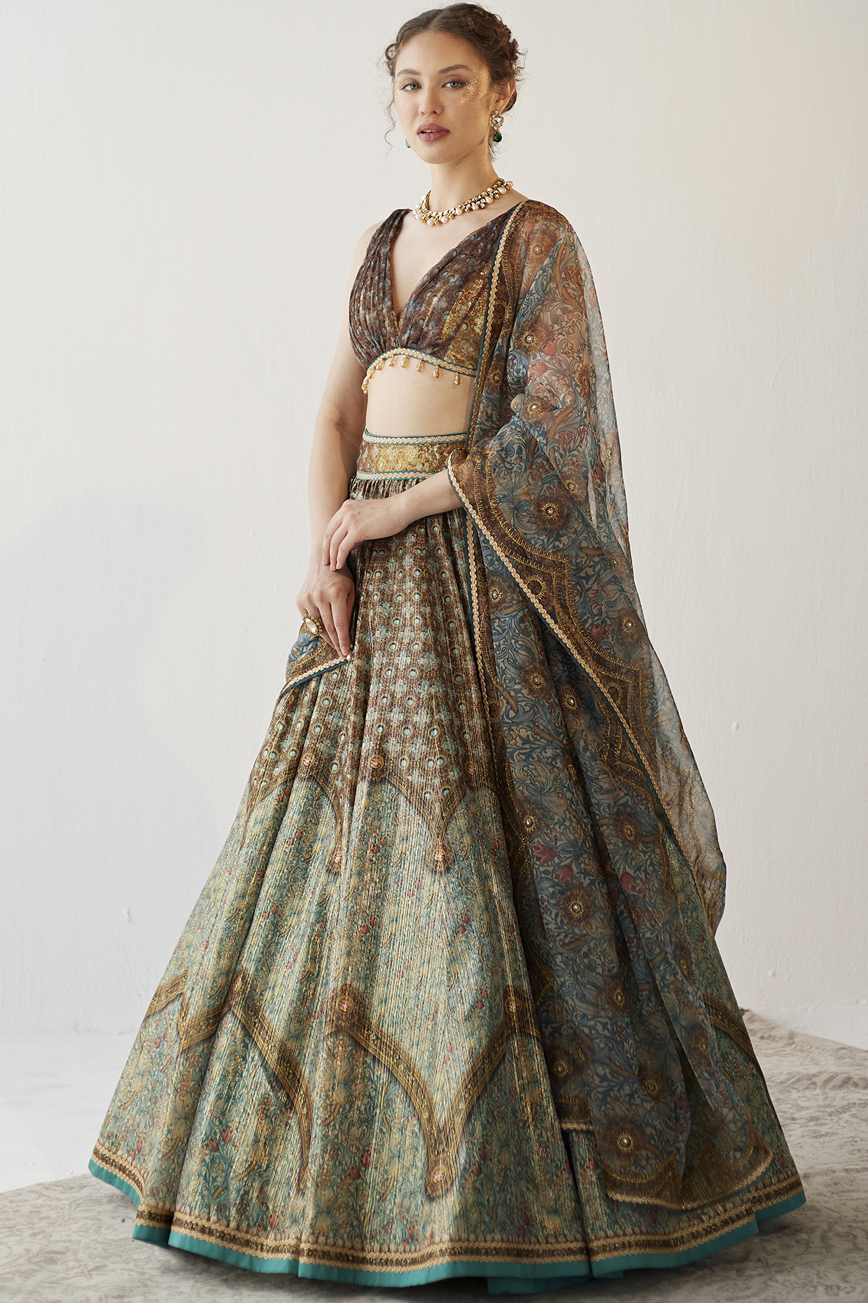Teal Green Printed And Embroidered Wedding Lehenga Set By Cedar And Pine