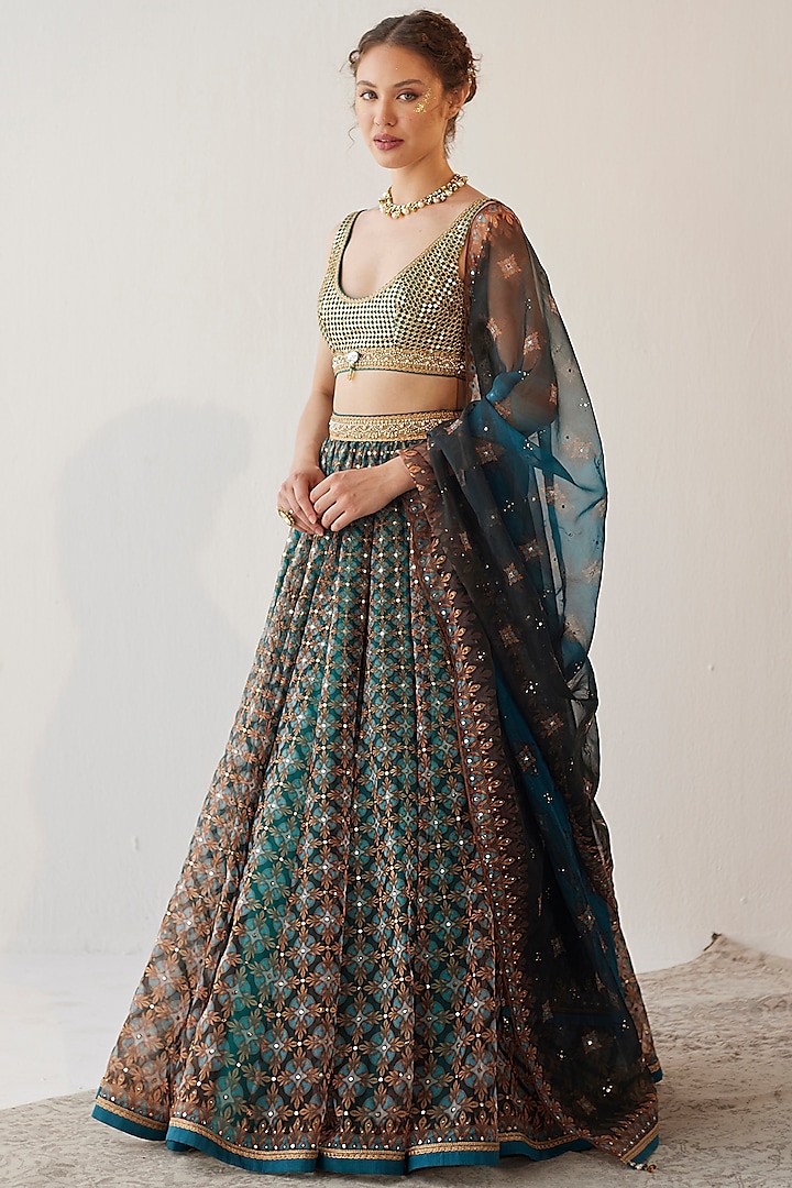 Teal Green Printed And Embroidered Wedding Lehenga Set By Cedar And Pine