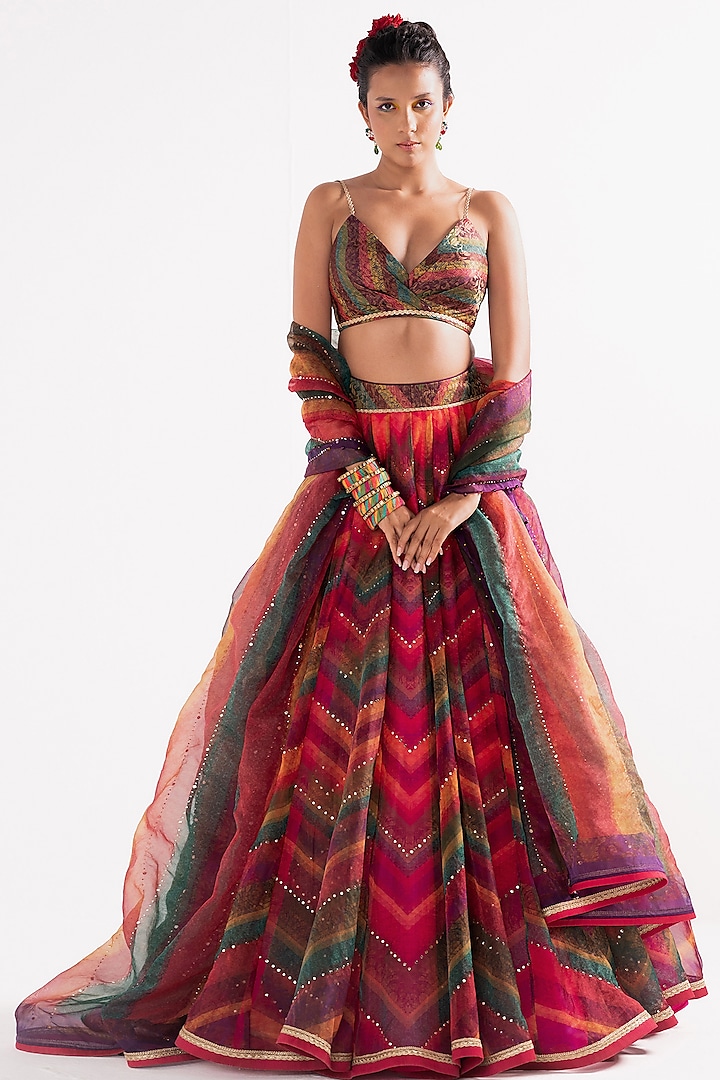 Multi Colored Printed And Embroidered Wedding Lehenga Set By Cedar And