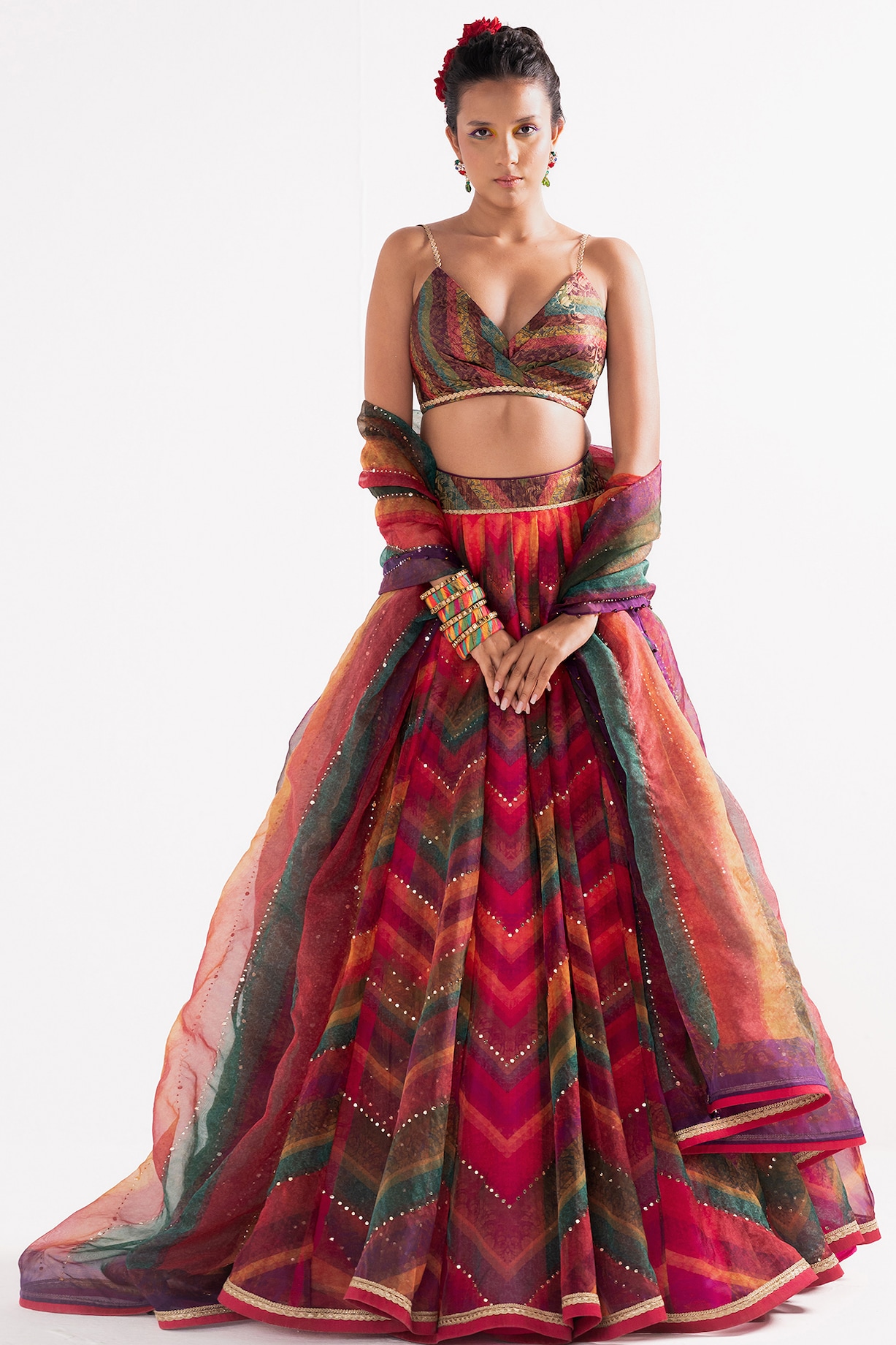 Multi Colored Printed And Embroidered Wedding Lehenga Set By Cedar And