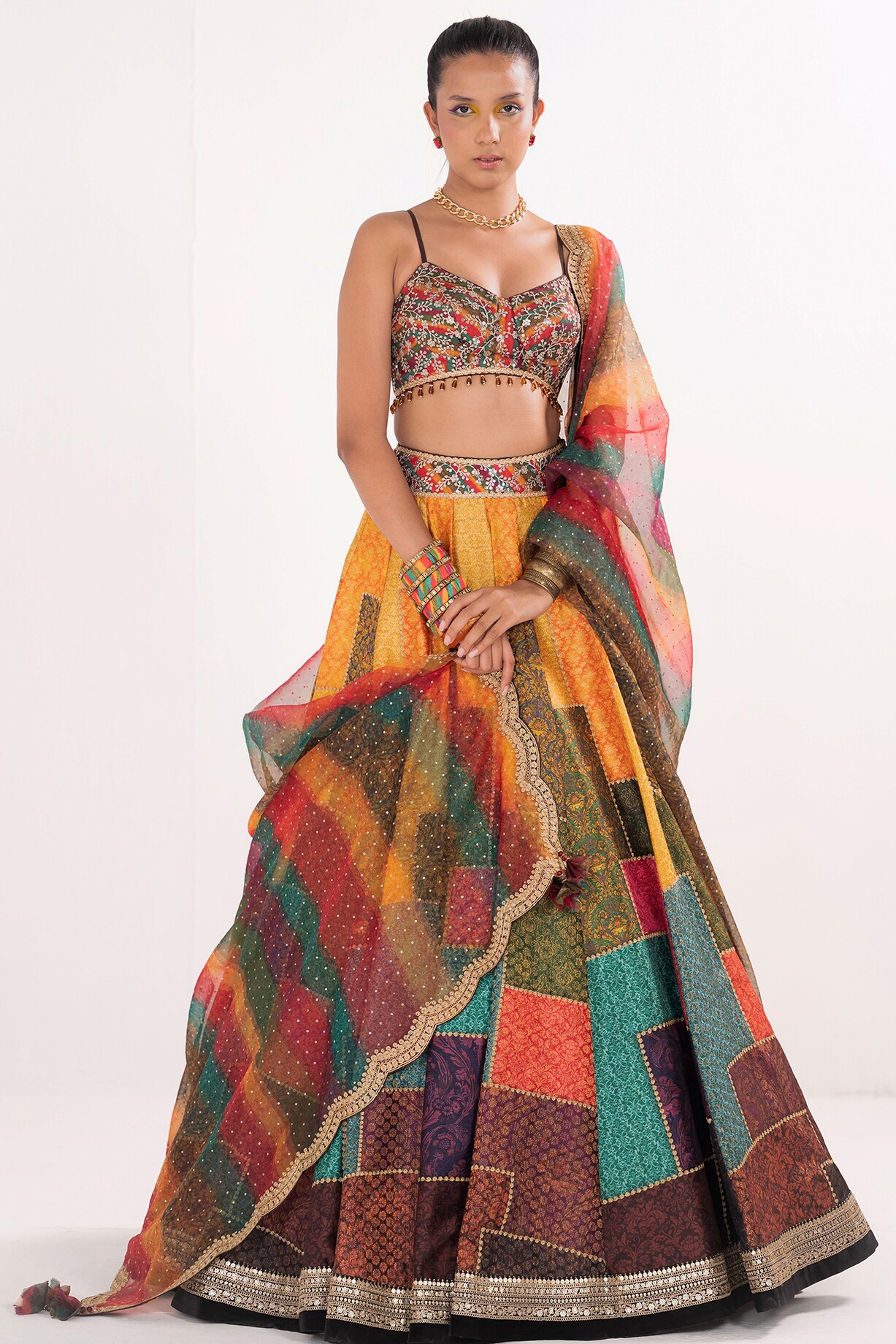 Multi Colored Brocade Embroidered Lehenga Set Design By Cedar And Pine