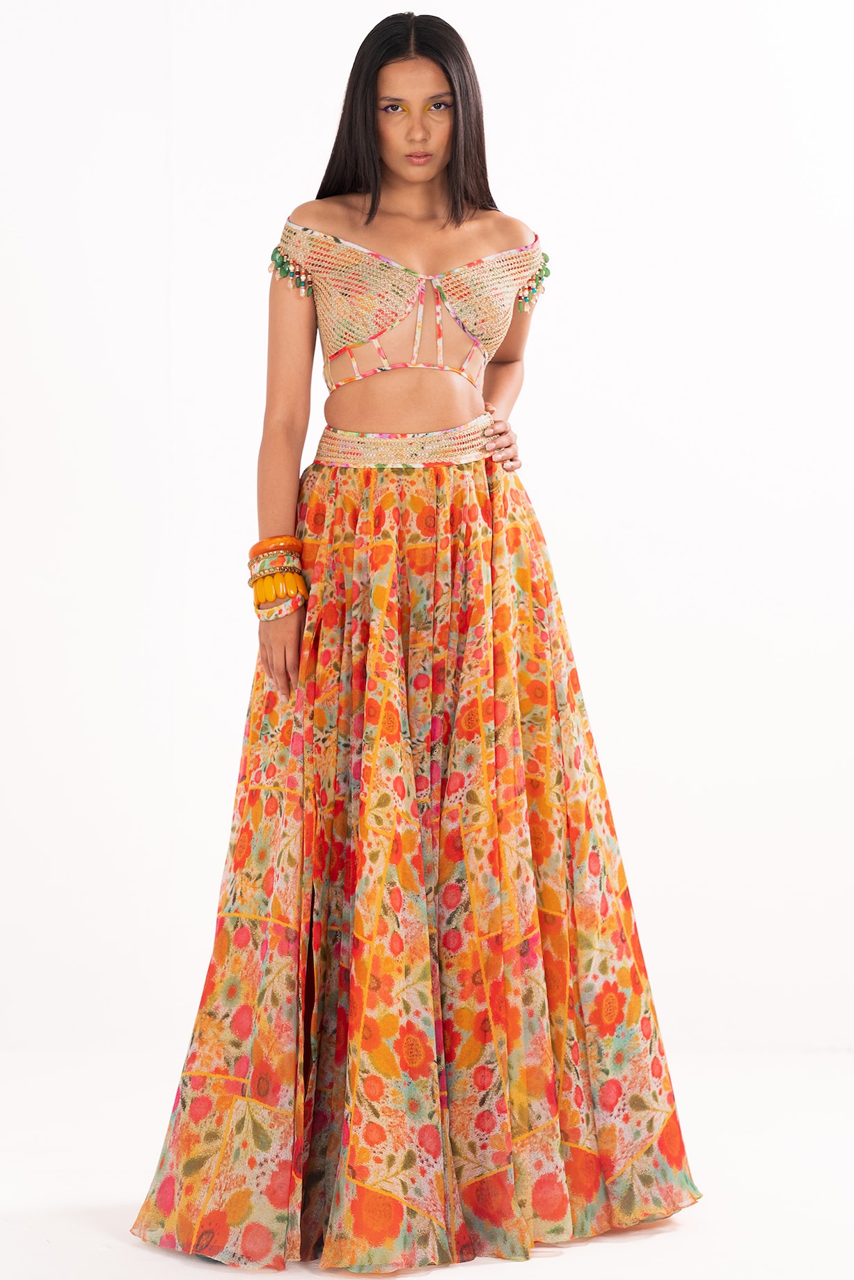 Multi-Colored Organza Embroidered & Printed Skirt Set by Cedar and Pine ...
