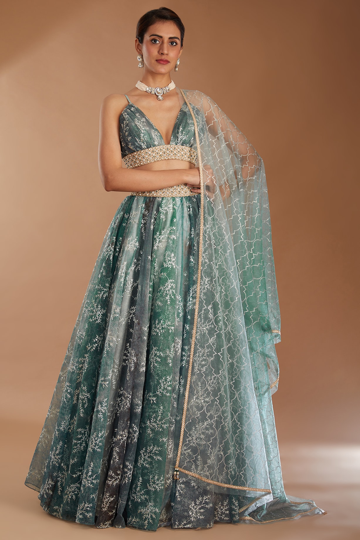 Lake Blue Organza Digital Printed Wedding Lehenga Set By Cedar And Pine