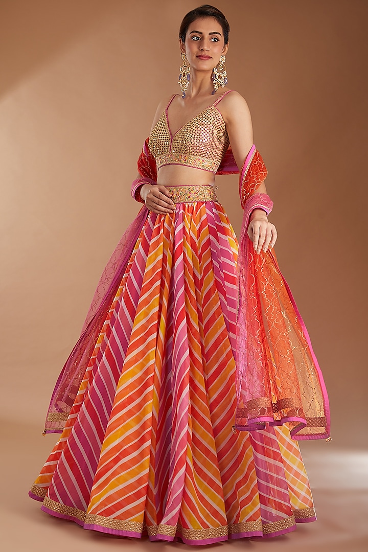 Multi Colored Organza Digital Printed Wedding Lehenga Set By Cedar And