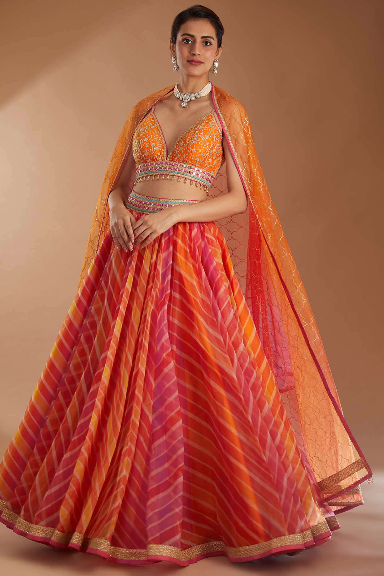 Multi Colored Organza Digital Printed Wedding Lehenga Set By Cedar And