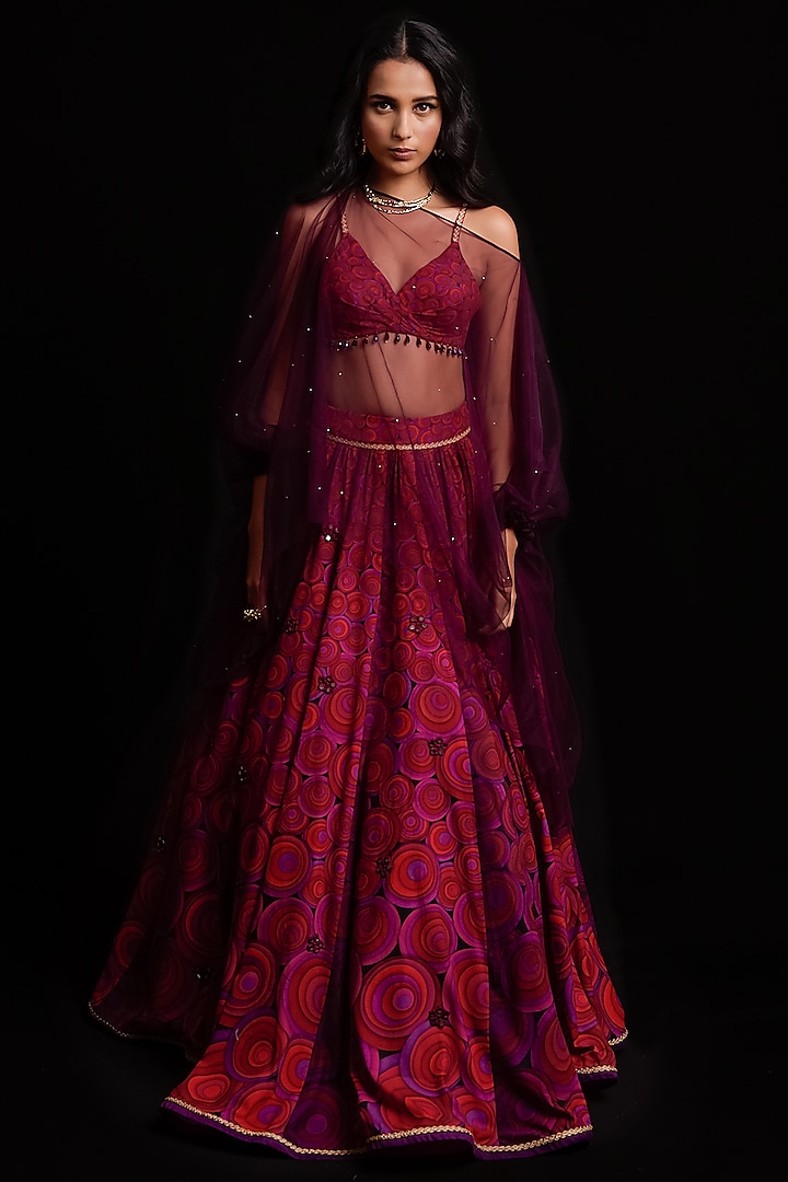 Multi Colored Embroidered And Printed Wedding Lehenga Set By Cedar And
