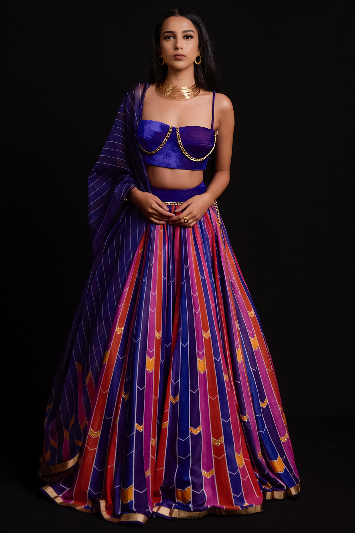 Multi Colored Velvet Printed Lehenga Set Design By Cedar And Pine At