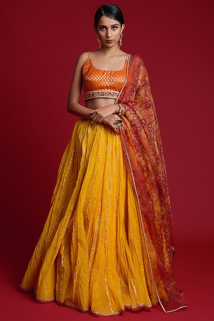 Yellow Chanderi Crinkle Lehenga Set by Cedar and Pine at Pernia's Pop ...
