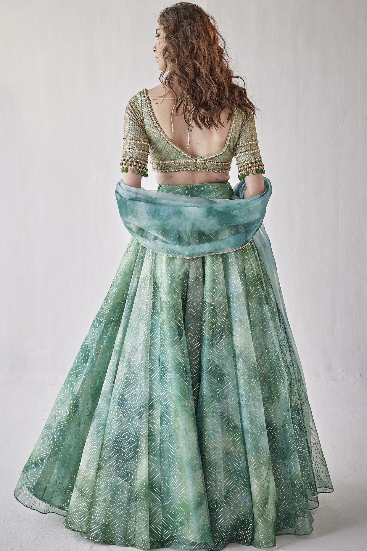 Jade Organza Printed Wedding Lehenga Set By Cedar And Pine At Pernias