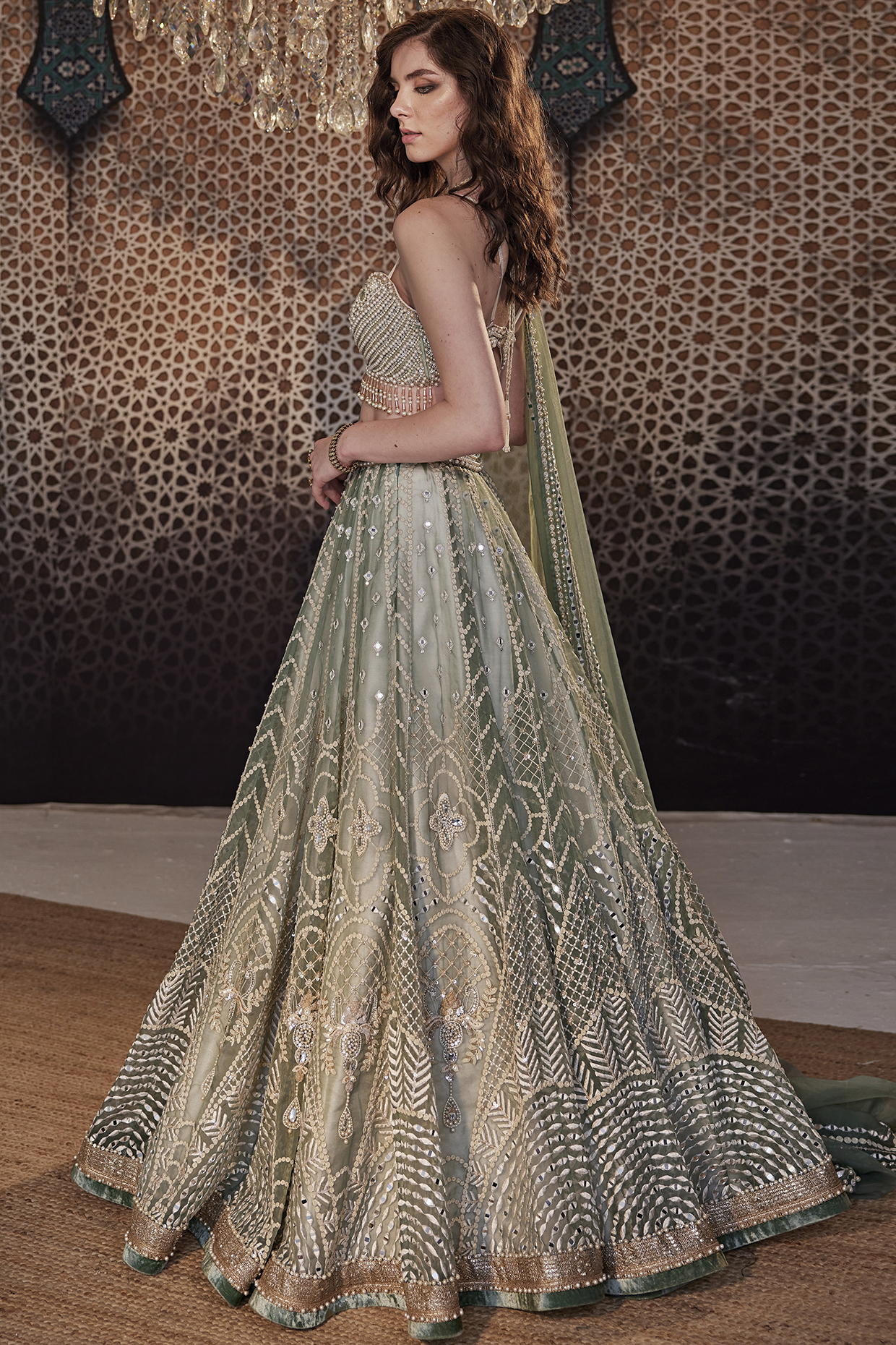 Jade Green Organza Hand Embroidered Bridal Lehenga Set By Cedar And