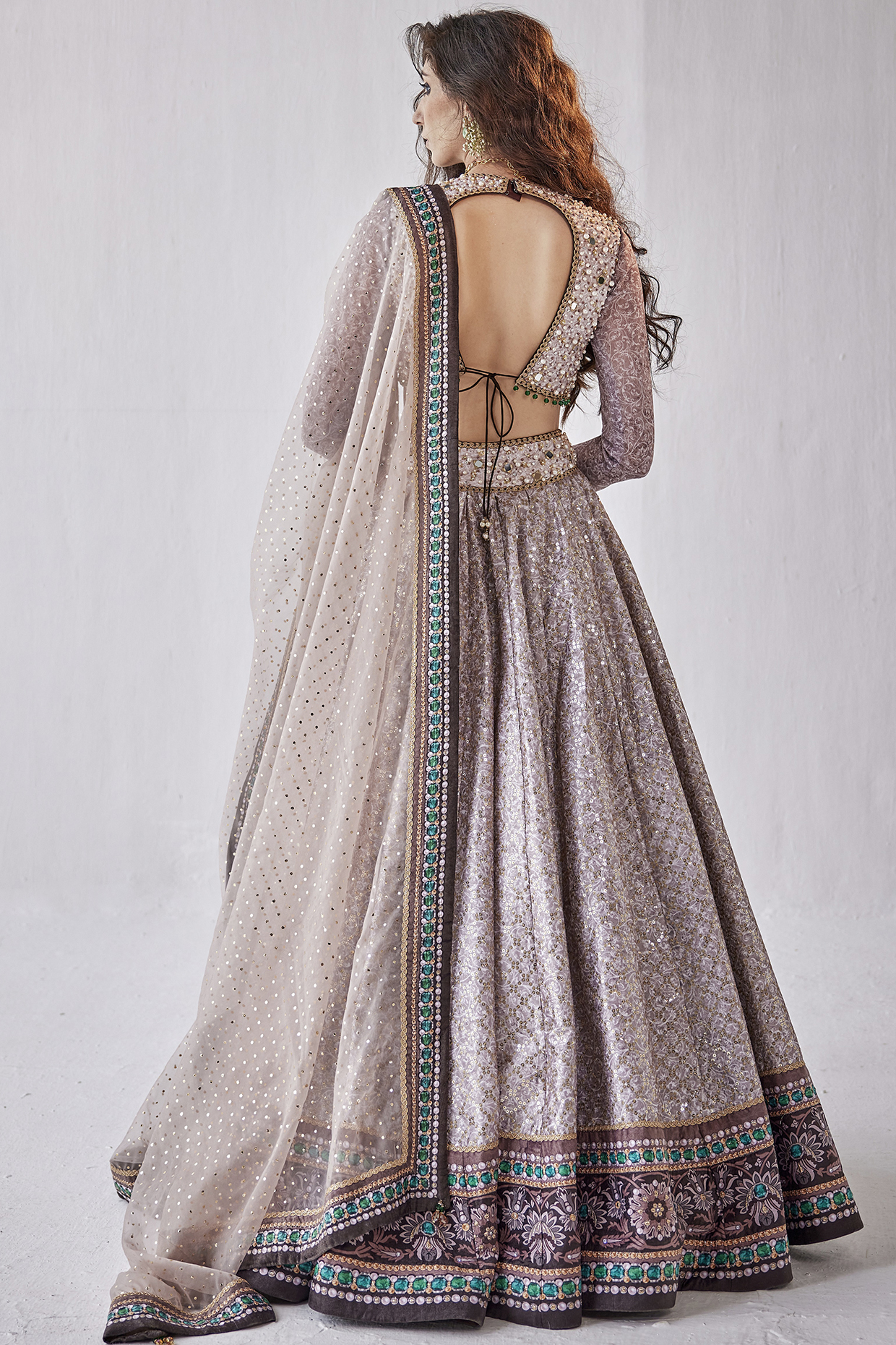 Light Brown Dupion Printed And Embroidered Wedding Lehenga Set By Cedar