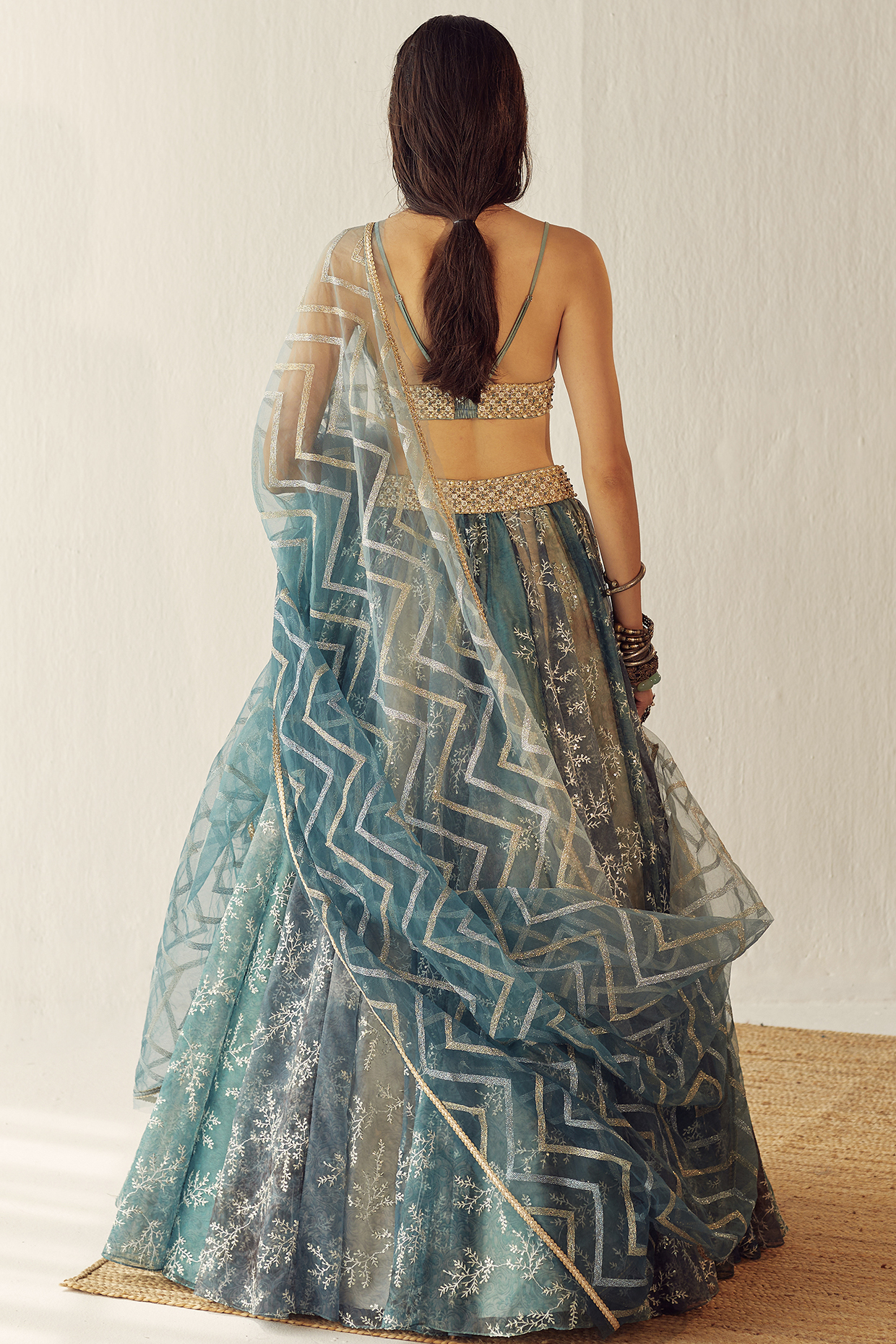 Lake Blue Organza Embroidered Wedding Lehenga Set By Cedar And Pine At