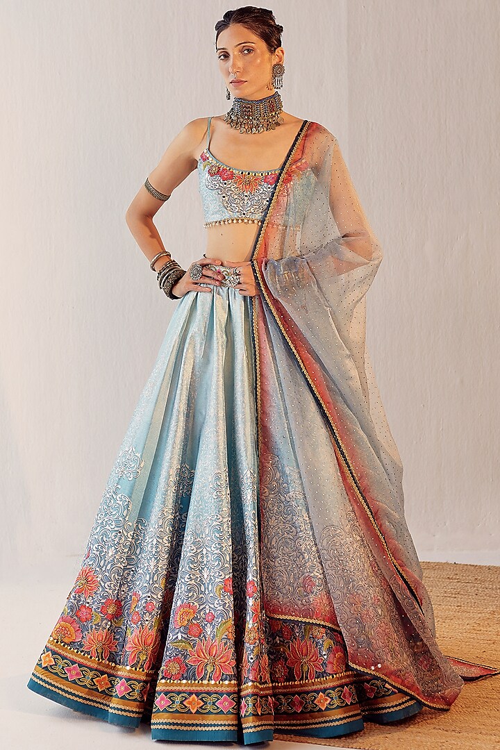 Blue Shaded Embroidered And Printed Lehenga Set Design By Cedar And Pine