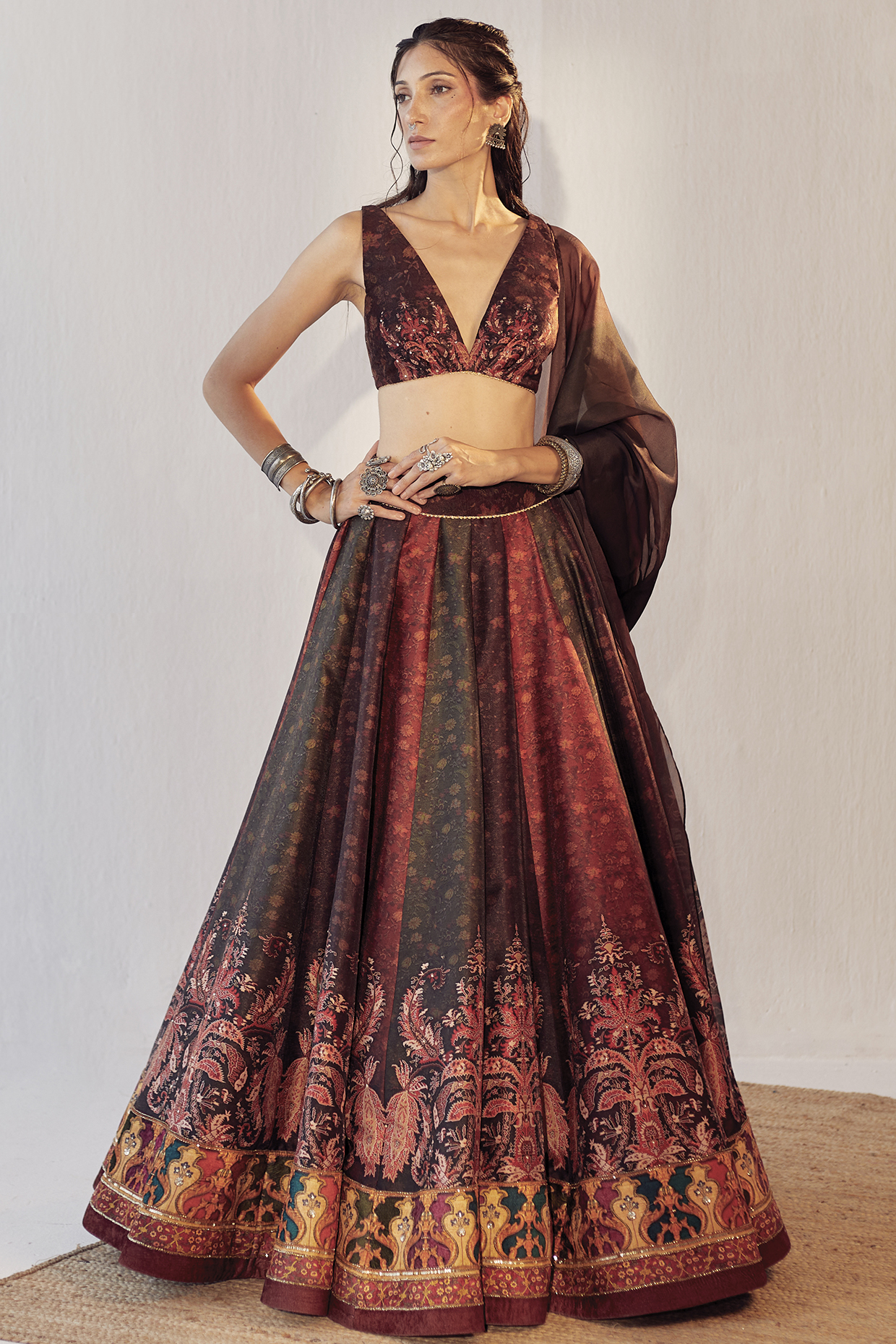 Multi Colored Printed And Embroidered Wedding Lehenga Set By Cedar And