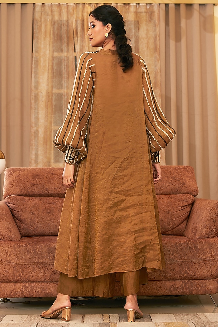 Antique Gold Pure Chanderi Silk Tissue Hand Embroidered Tunic Set by Chambray & Co. at Pernia's ...