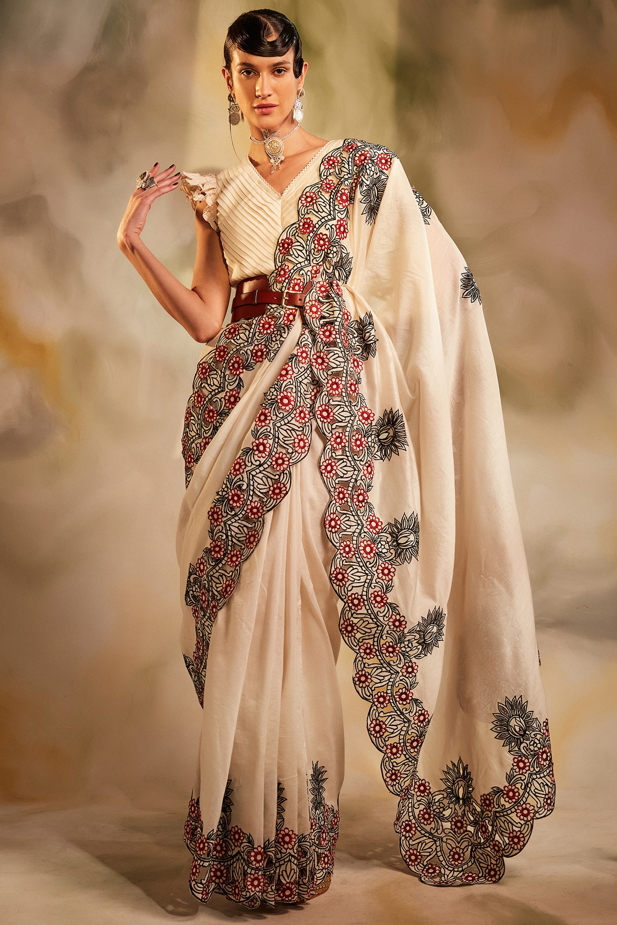 Ivory & Black Chanderi Embroidered Saree by Chandrima at Pernia's Pop ...