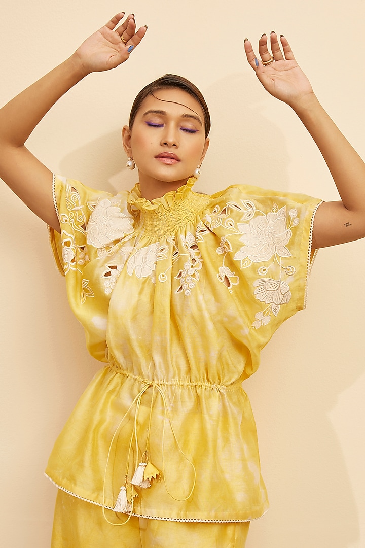 Yellow Chanderi Embroidered Smocked Top by Chandrima at Pernia's Pop Up ...