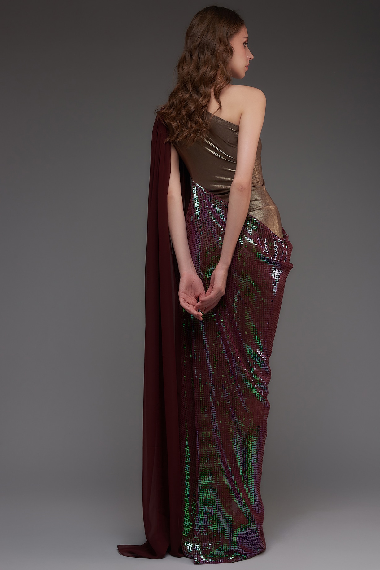 Bronze & Maroon Georgette One-Shoulder Gown by CHAM CHAM at Pernia's ...