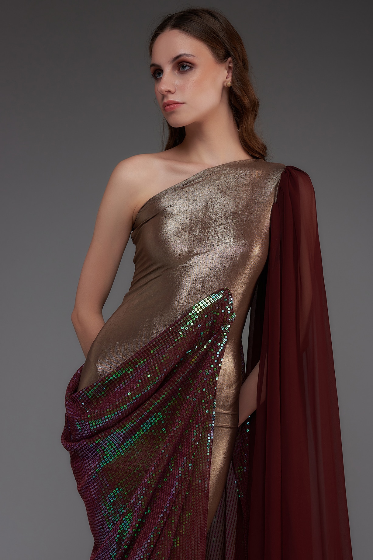 Bronze & Maroon Georgette One-Shoulder Gown by CHAM CHAM at Pernia's ...