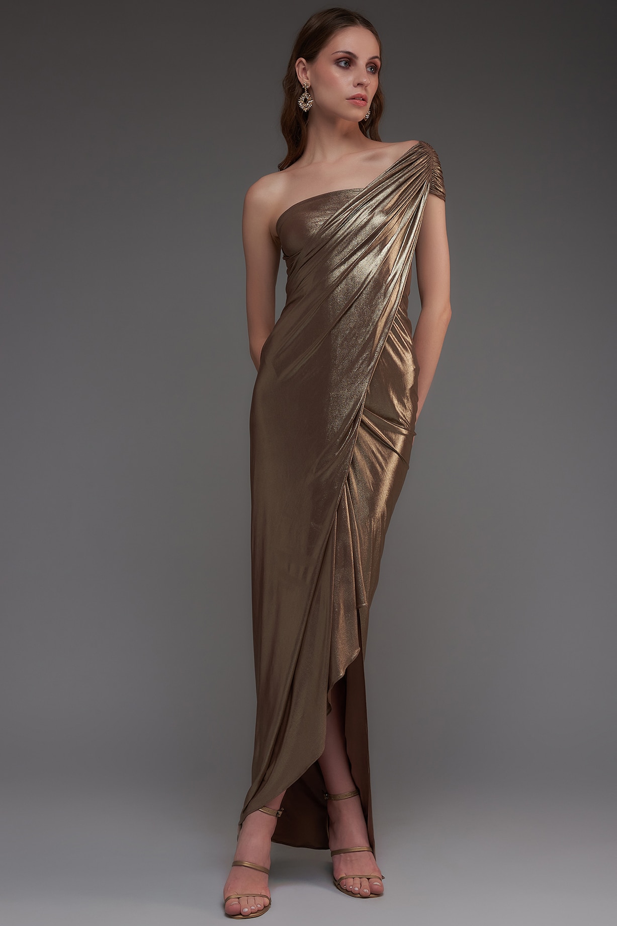 Bronze Stretch Knit Foil One-Shoulder Draped Gown by CHAM CHAM at ...