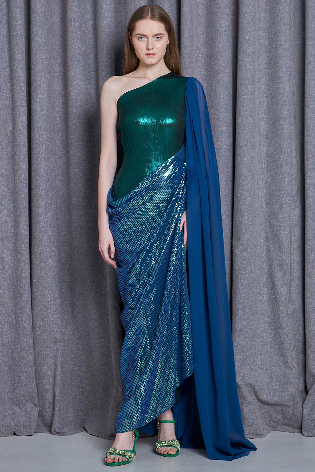Metallic Green & Blue Knit Lame One-Shoulder Gown by CHAM CHAM at ...