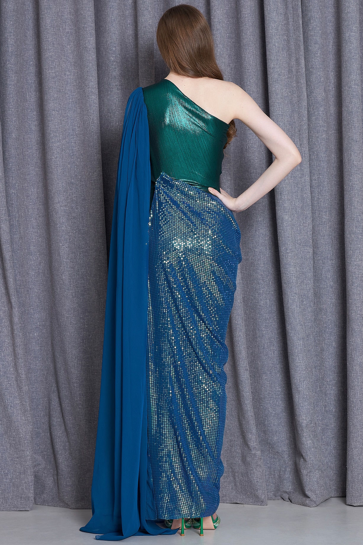 Metallic Green & Blue Knit Lame One-Shoulder Gown by CHAM CHAM at ...