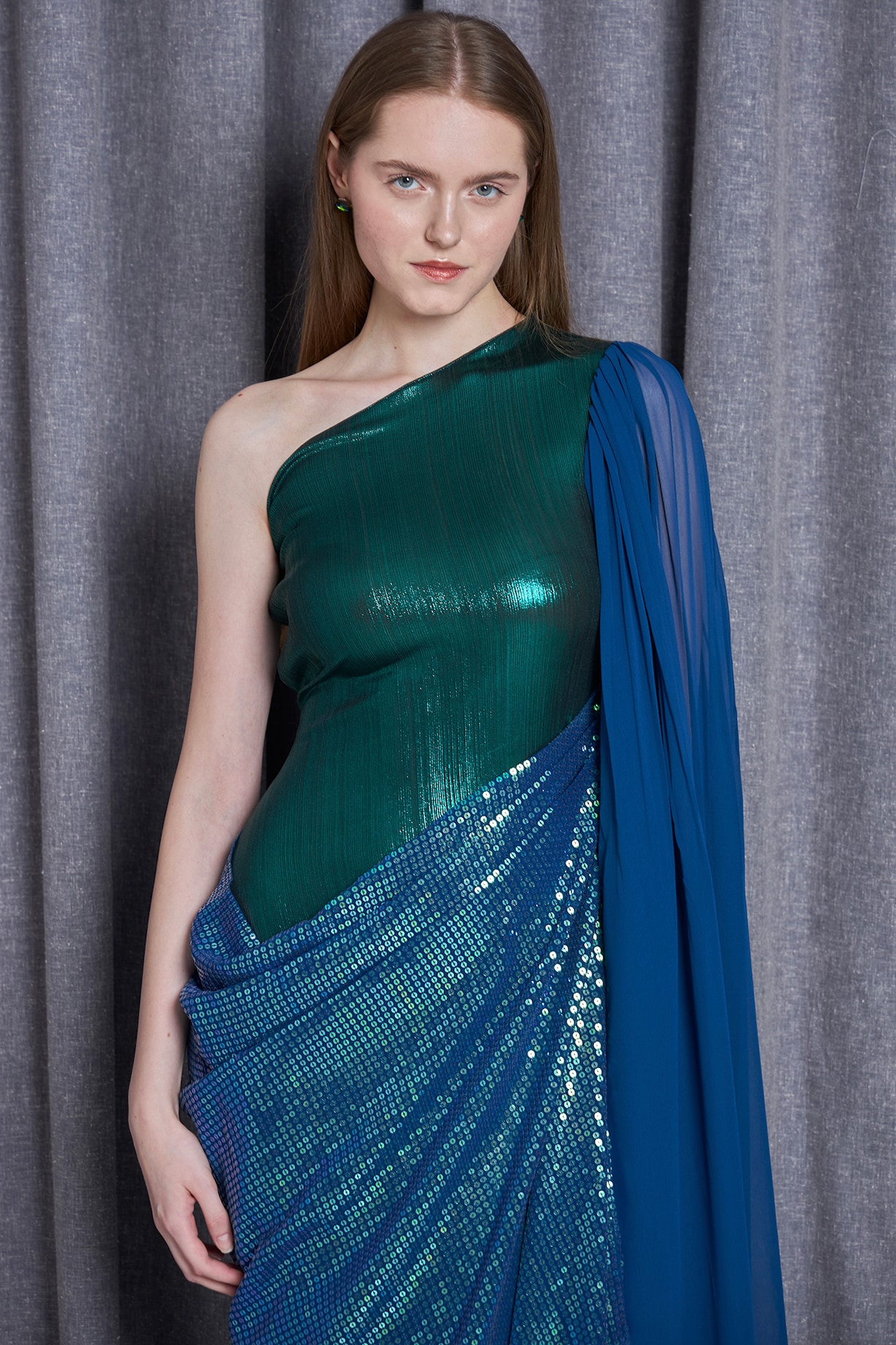 Metallic Green & Blue Knit Lame One-Shoulder Gown by CHAM CHAM at ...