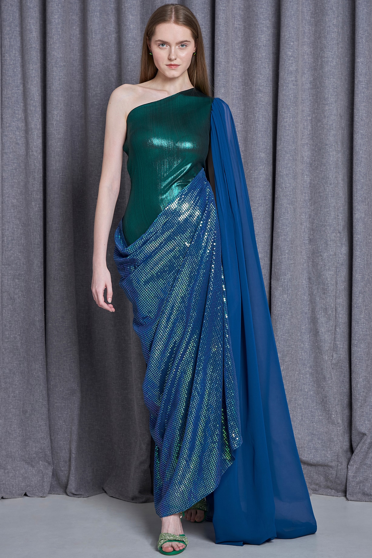 Metallic Green & Blue Knit Lame One-Shoulder Gown by CHAM CHAM at ...