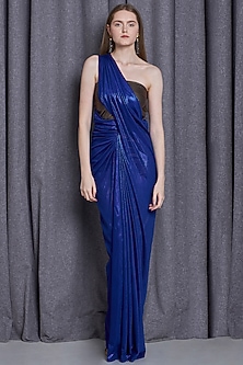 Blue & Bronze Knit Lame Color Blocked Gown by CHAM CHAM at Pernia's Pop ...