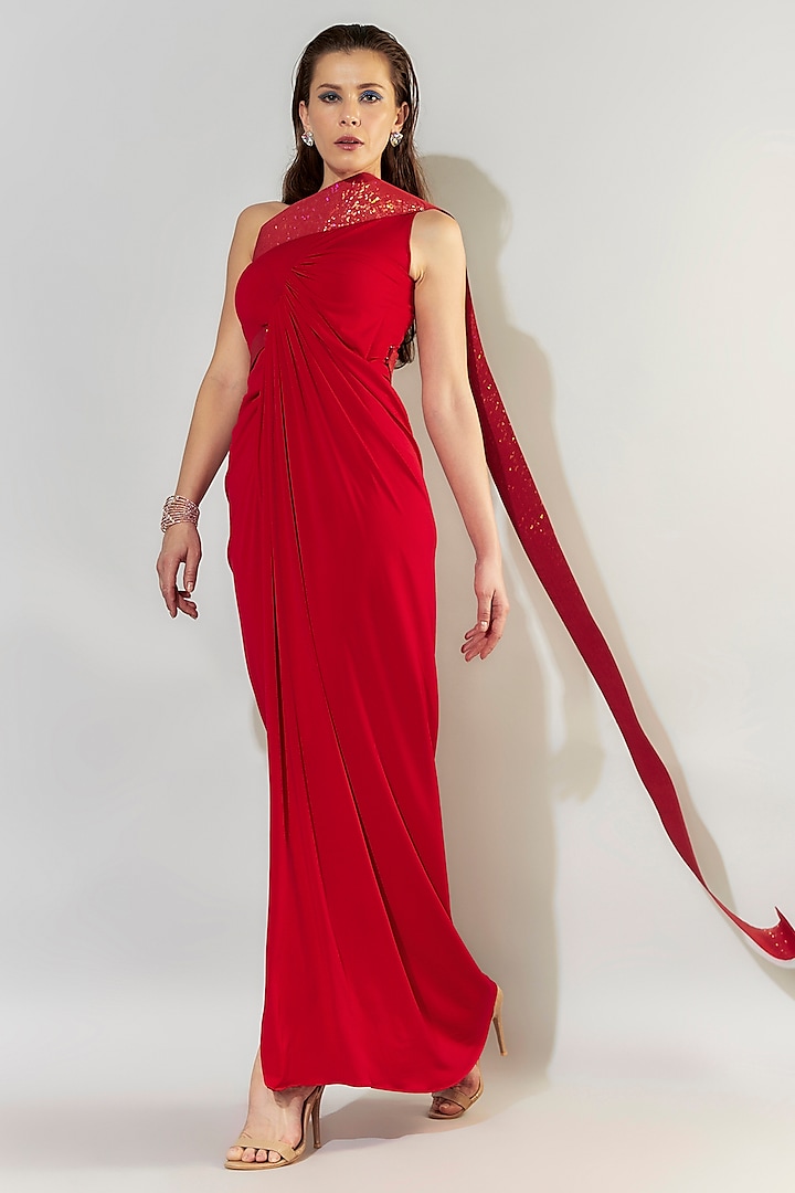 Red Stretch Knit Draped One-Shoulder Gown Design by CHAM CHAM at Pernia ...