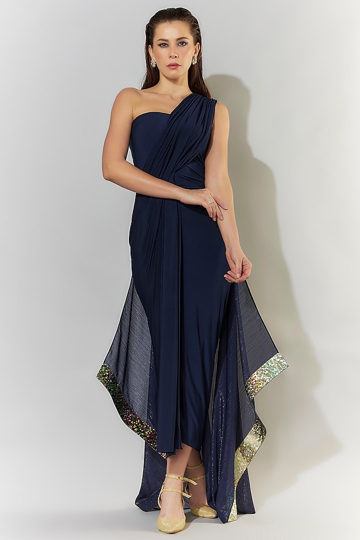 Blue Stretch Knit & Chiffon Flared One-Shoulder Gown Design by CHAM ...
