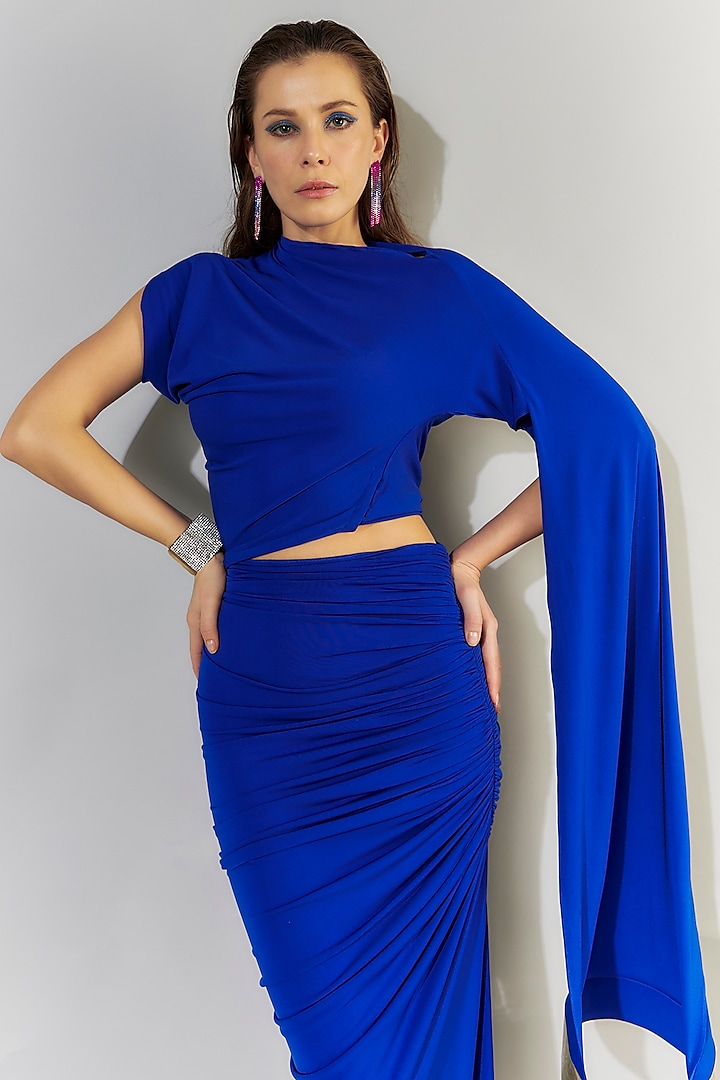 Electric Blue Stretch Knit Gathered Skirt Set by CHAM CHAM at Pernia's ...