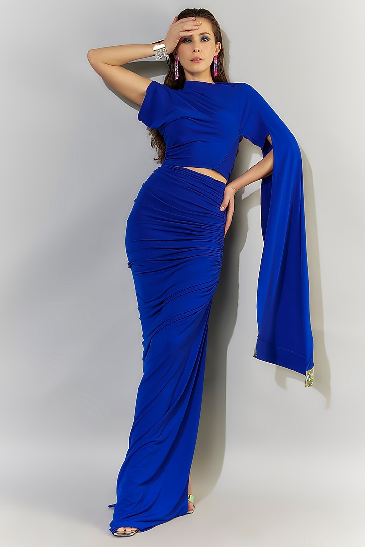 Electric Blue Stretch Knit Gathered Skirt Set by CHAM CHAM at Pernia's ...
