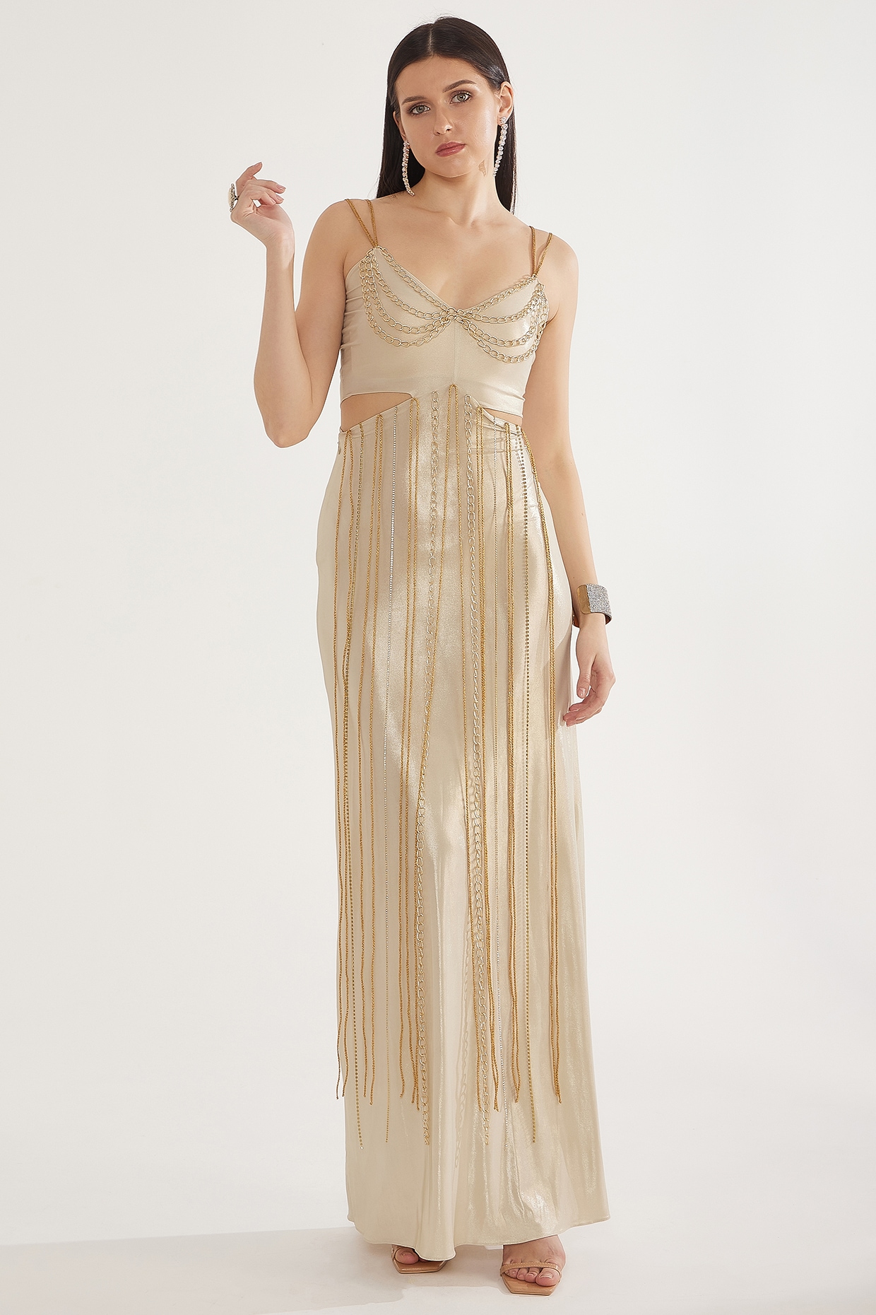 Champagne Gold Knit Foil Chain Embellished Gown by CHAM CHAM at Pernia ...