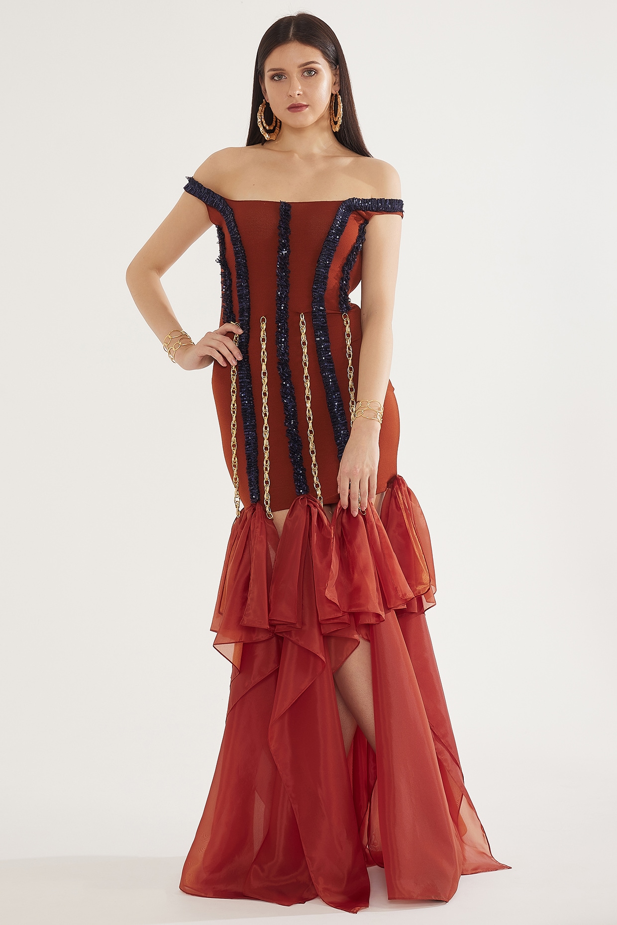 Rust Stretch Moss Crepe & Organza Ruffled Off-Shoulder Gown by CHAM ...