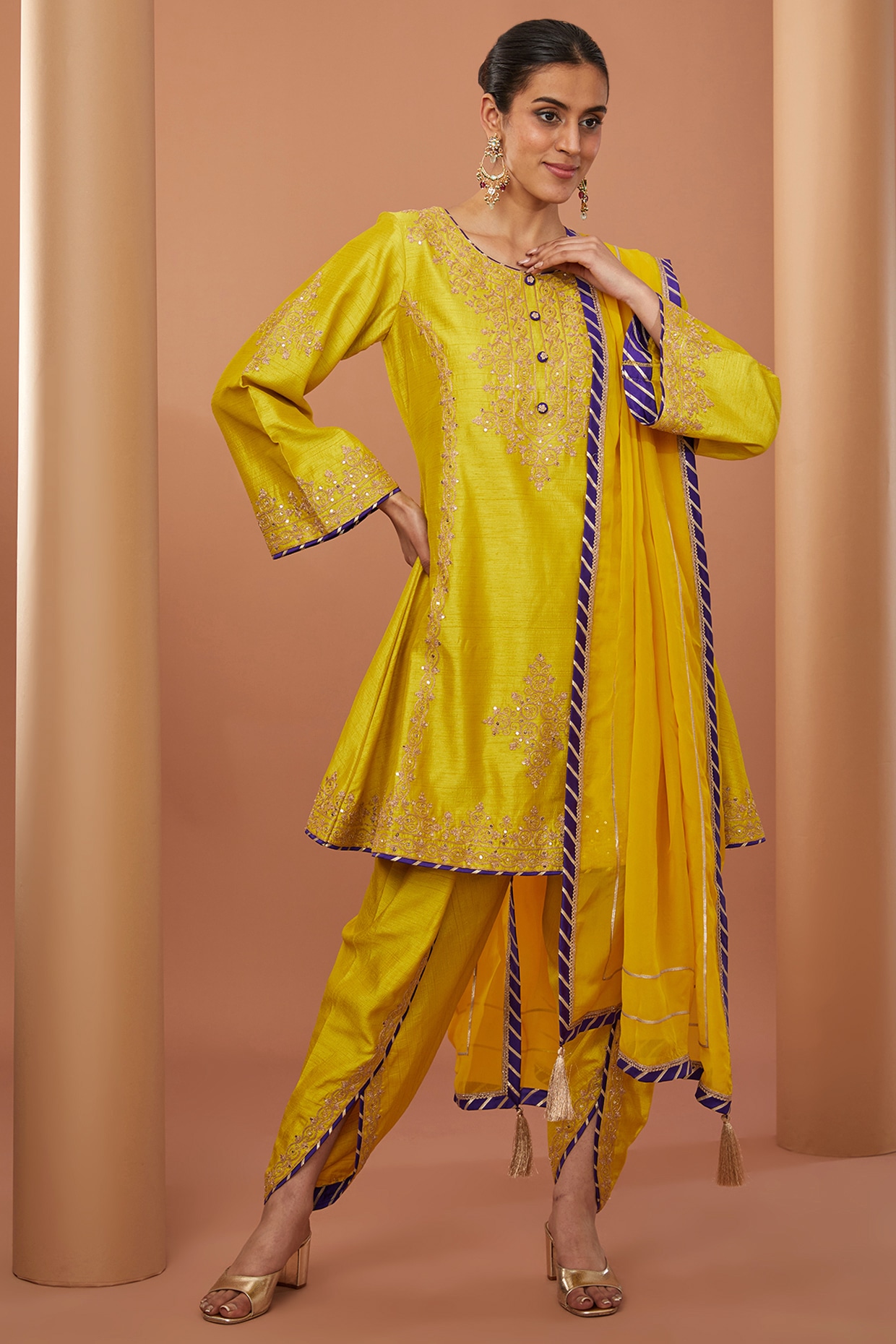 Lime Yellow Bemberg Dori Embroidered Tulip Dhoti Set by CHARLIE AHUJA ...