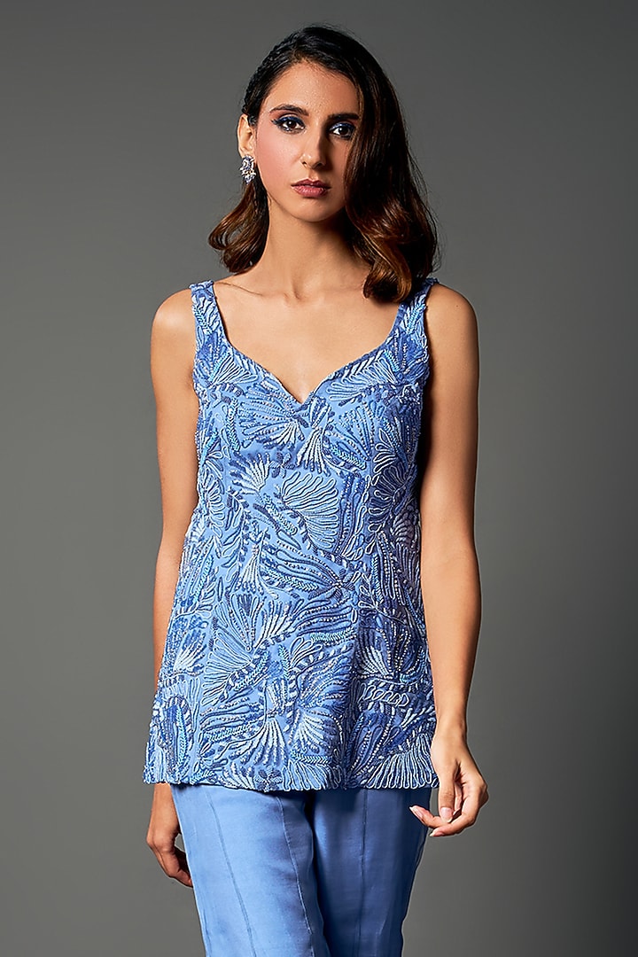 Nautical Blue Pure Organza Palazzo Pant Set by Label Charmie Galaiya at ...