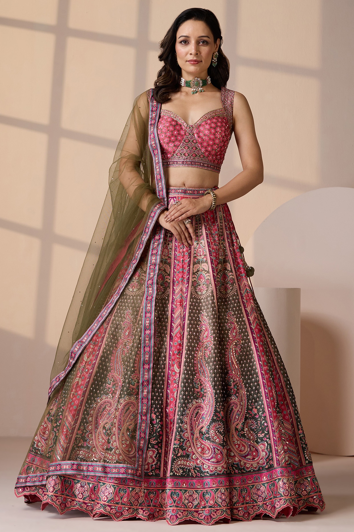 Pink Silk & Net Sequins Embellished Wedding Lehenga Set by Chaashni by Maansi and Ketan at ...