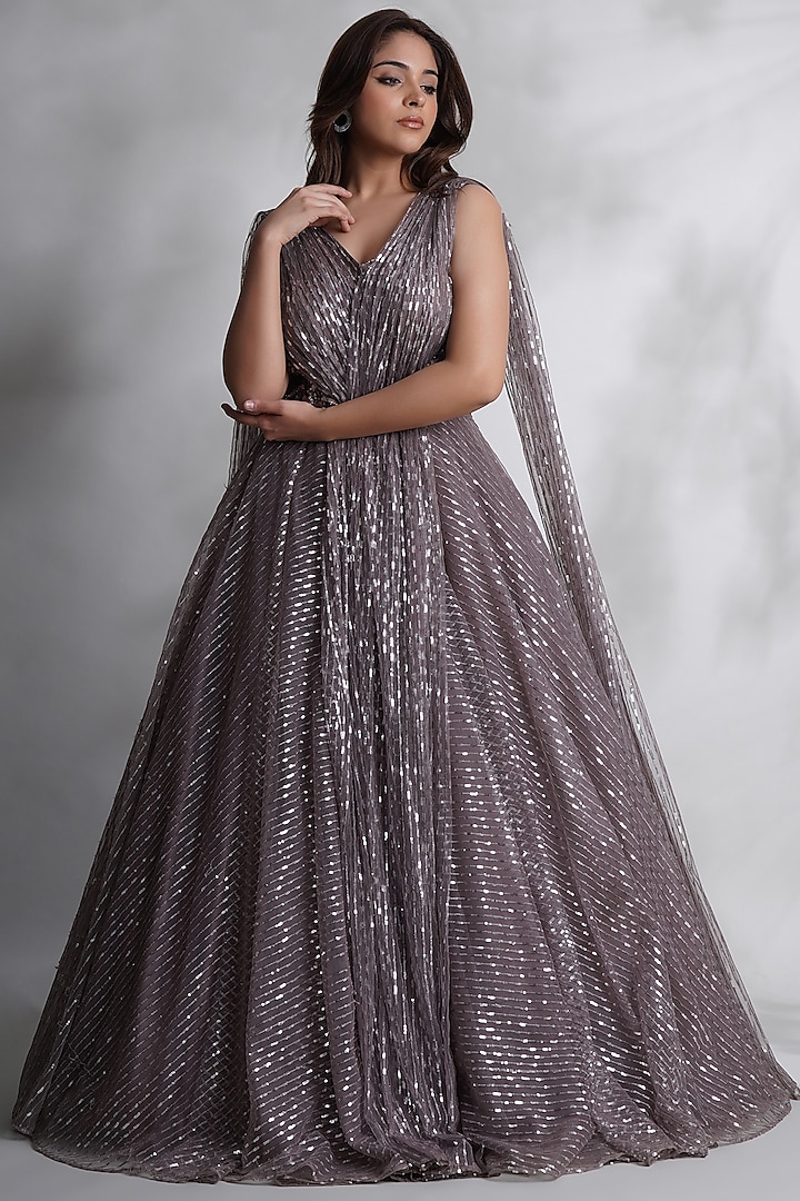 Mouse Net Sequins Embroidered Gown by Chaashni by Maansi and Ketan at ...