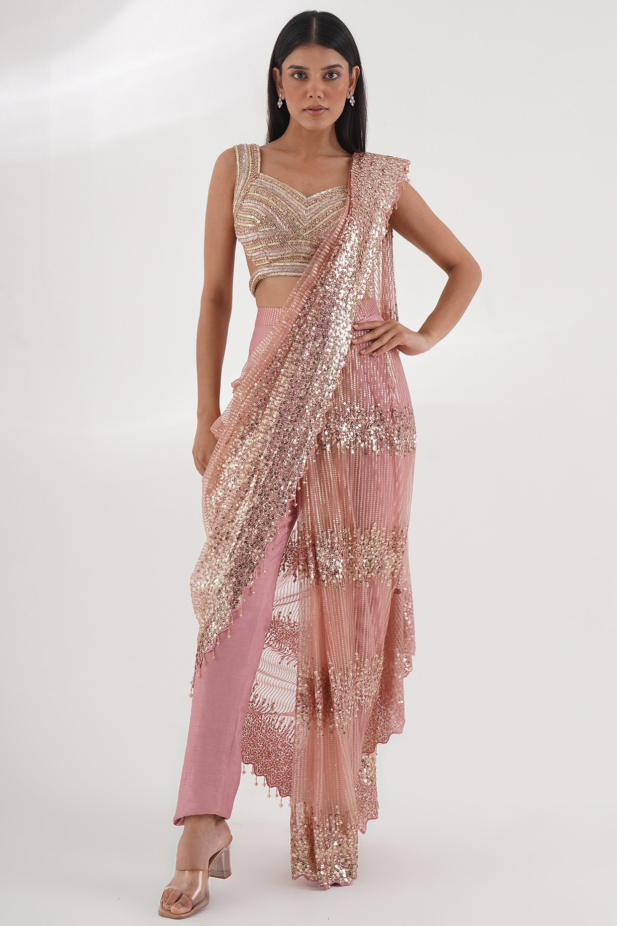 Pink Net & Silk Sequins Embellished Saree Set by Chaashni by Maansi and ...