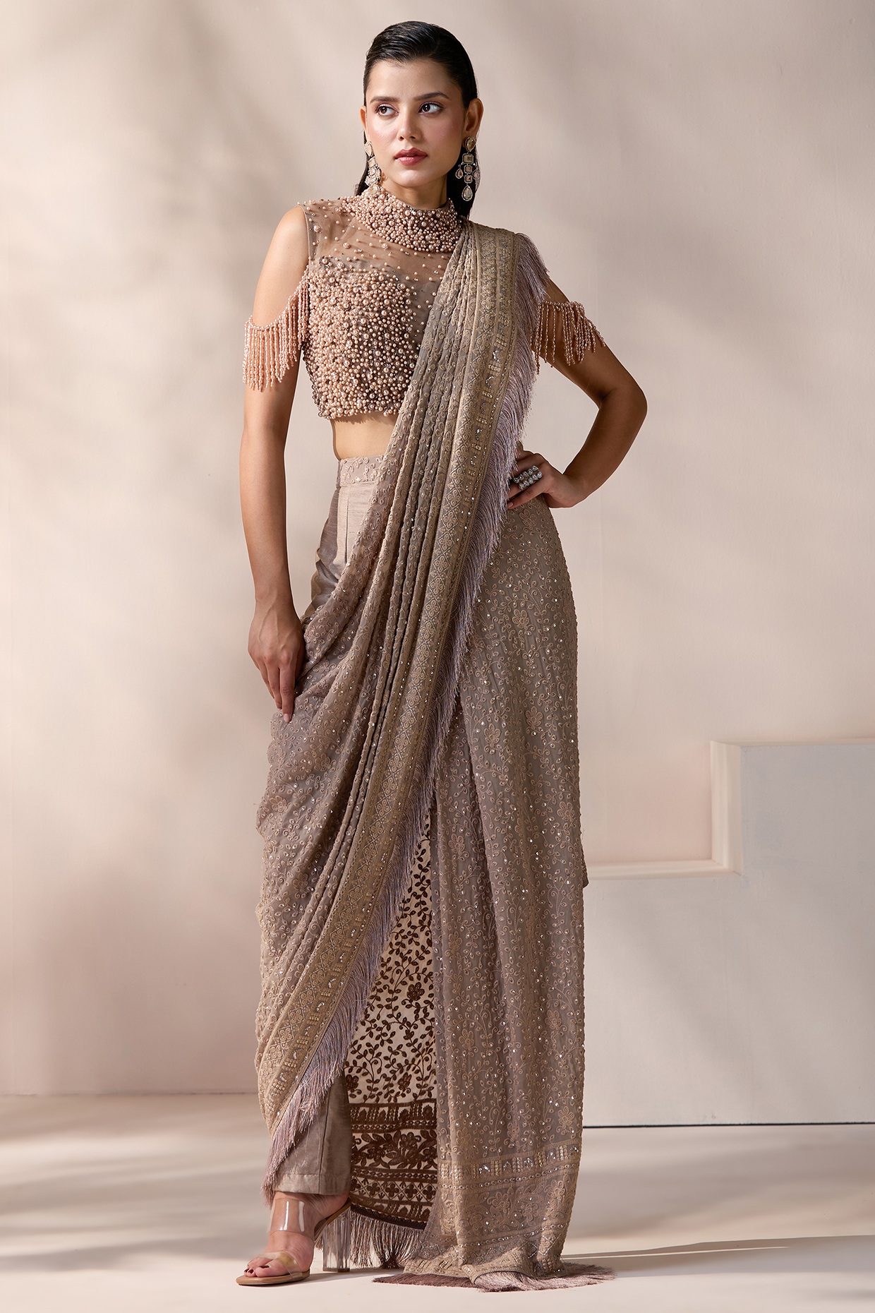 Pant Style Saree For Wedding Buy Maroon Net Embroidery Floral Spread V ...