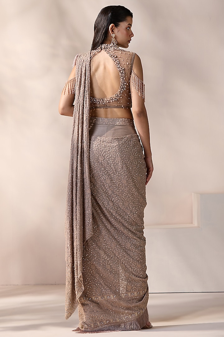 Champagne Net Embellished Pant Wedding Saree Set by Chaashni by Maansi ...