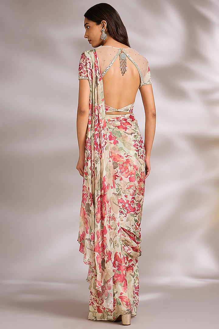 Blue Chinon Chiffon Embellished Pre-Stitched Wedding Saree Set by ...