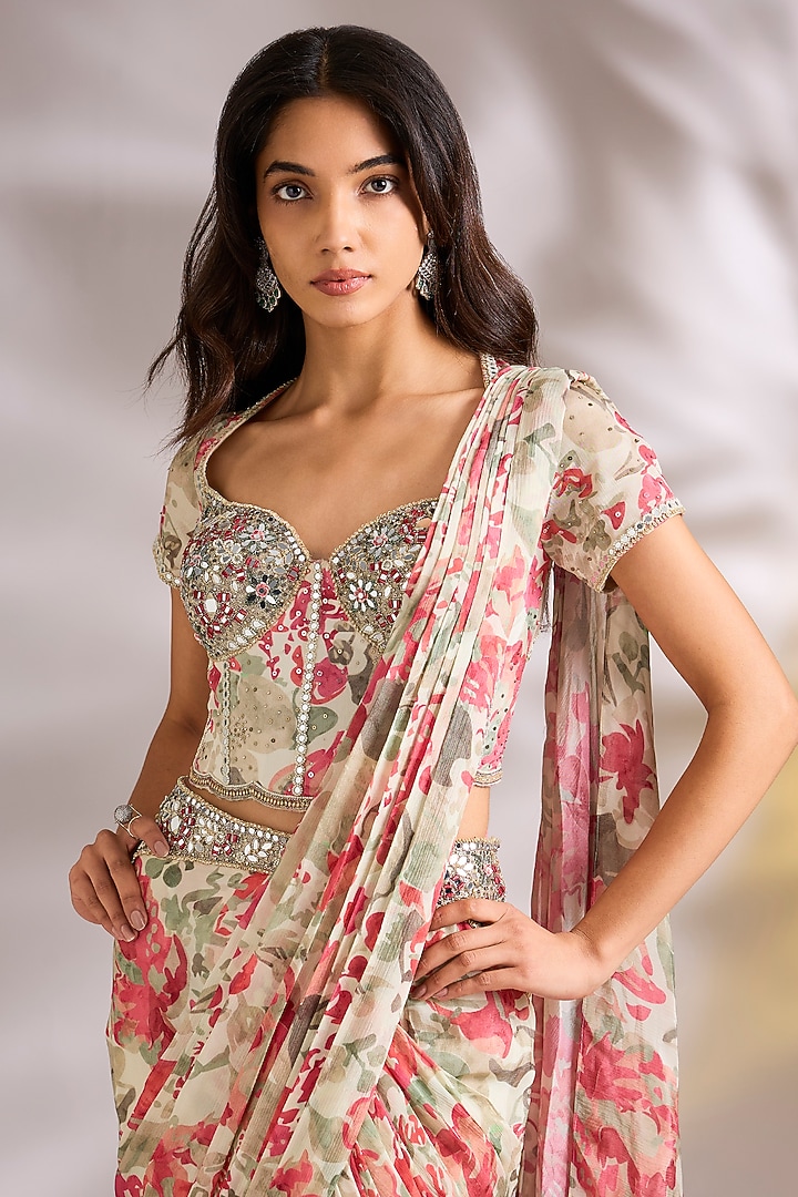Blue Chinon Chiffon Embellished Pre-Stitched Wedding Saree Set by ...