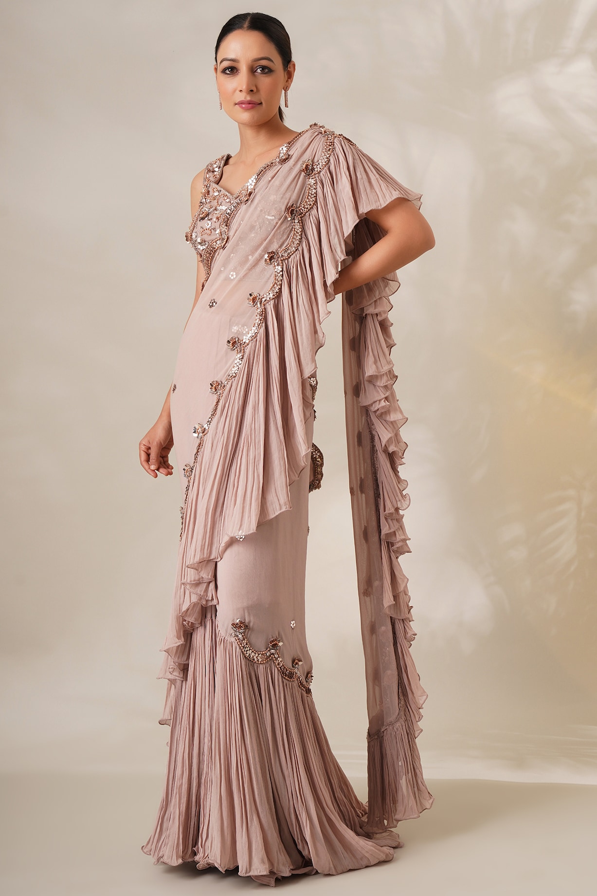 Champagne Georgette Embellished Pre-Draped Saree Set by Chaashni by ...