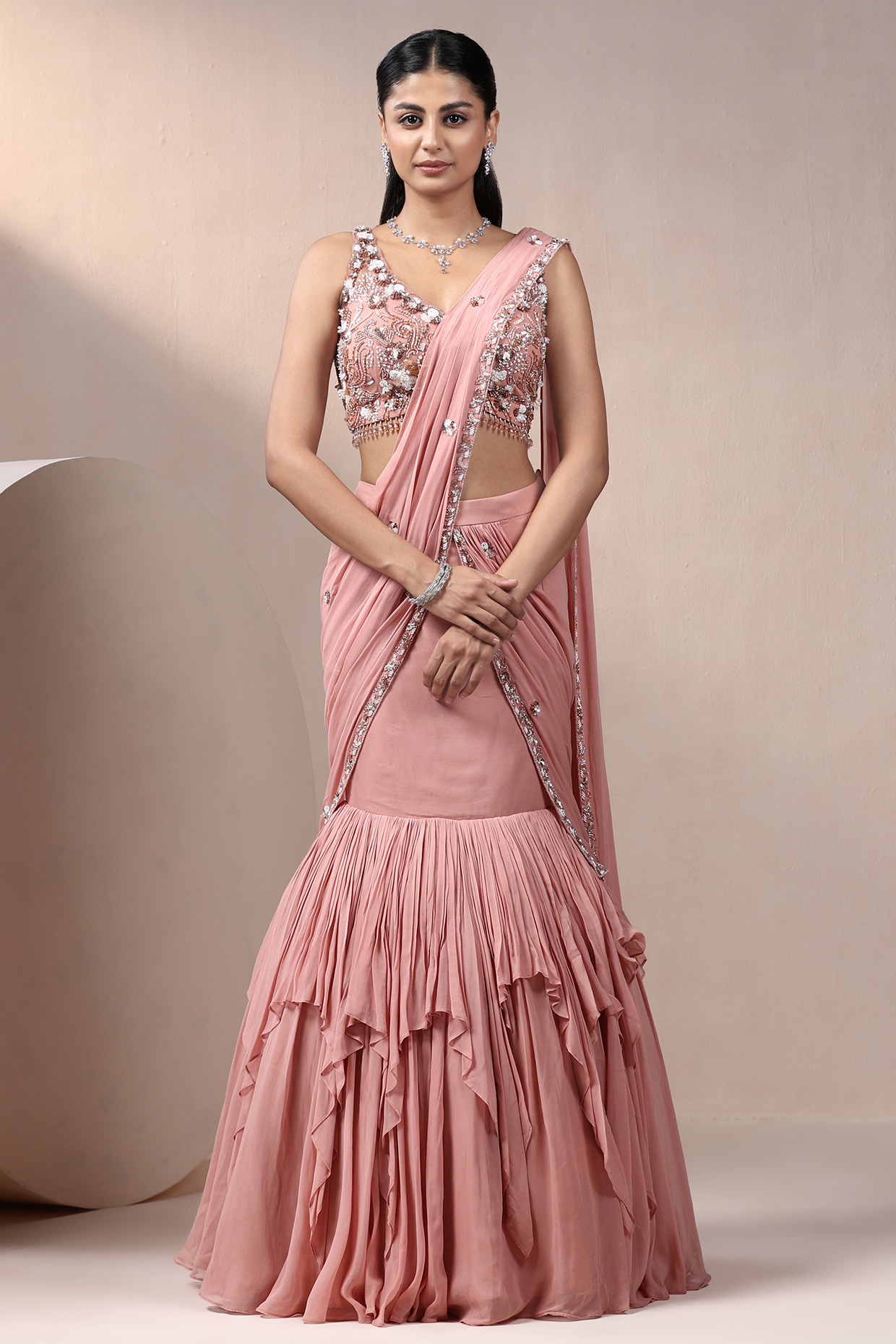 Peach Georgette & Net Embellished Lehenga Saree Set by Chaashni by ...